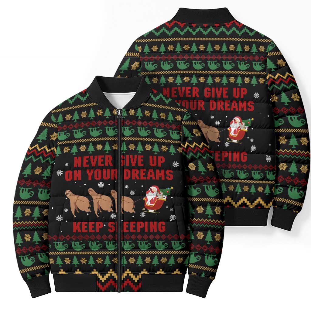 Sloth Keep Sleeping Christmas Bomber Puffer Jacket Xmas Holiday ...