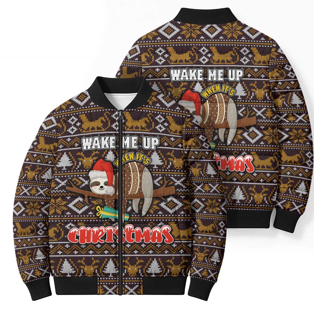Sloth Wake Me Up Christmas Bomber Puffer Jacket Xmas Holiday Patterns ...