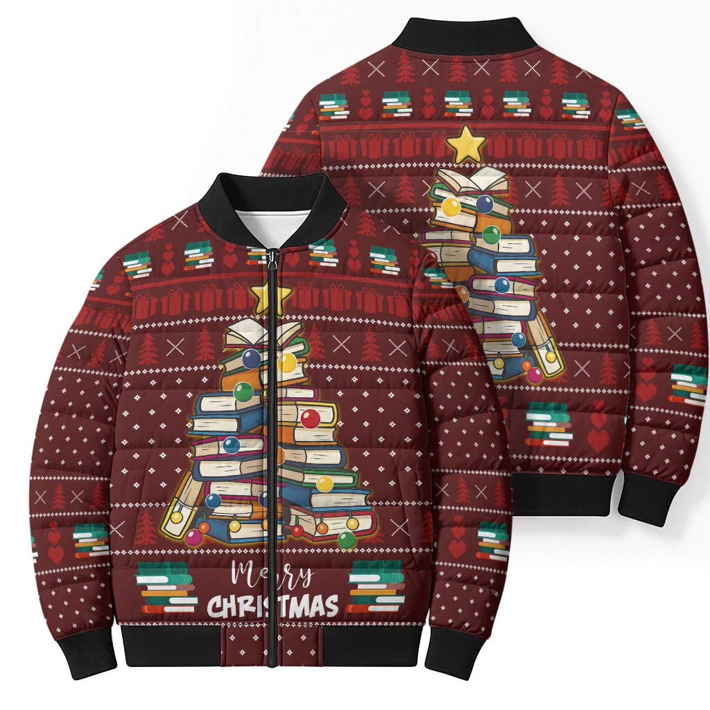 Book Pine Merry Christmas Bomber Puffer Jacket Xmas Holiday Patterns ...