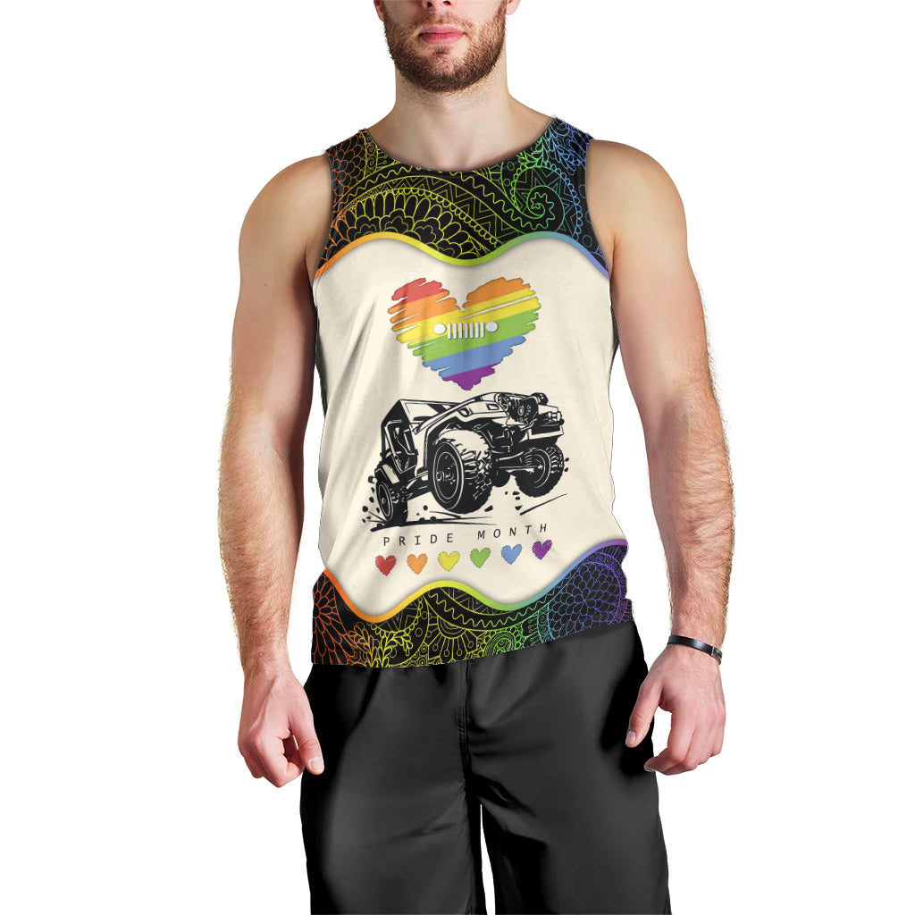 Jeep Pride Month Men Tank Top Floral Pattern And Heart With LGBT Flag ...