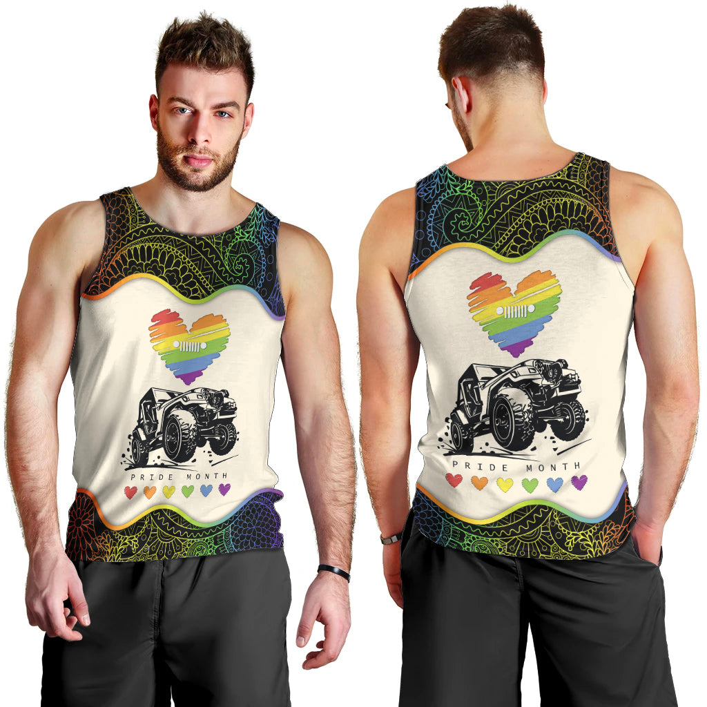 Jeep Pride Month Men Tank Top Floral Pattern And Heart With LGBT Flag ...