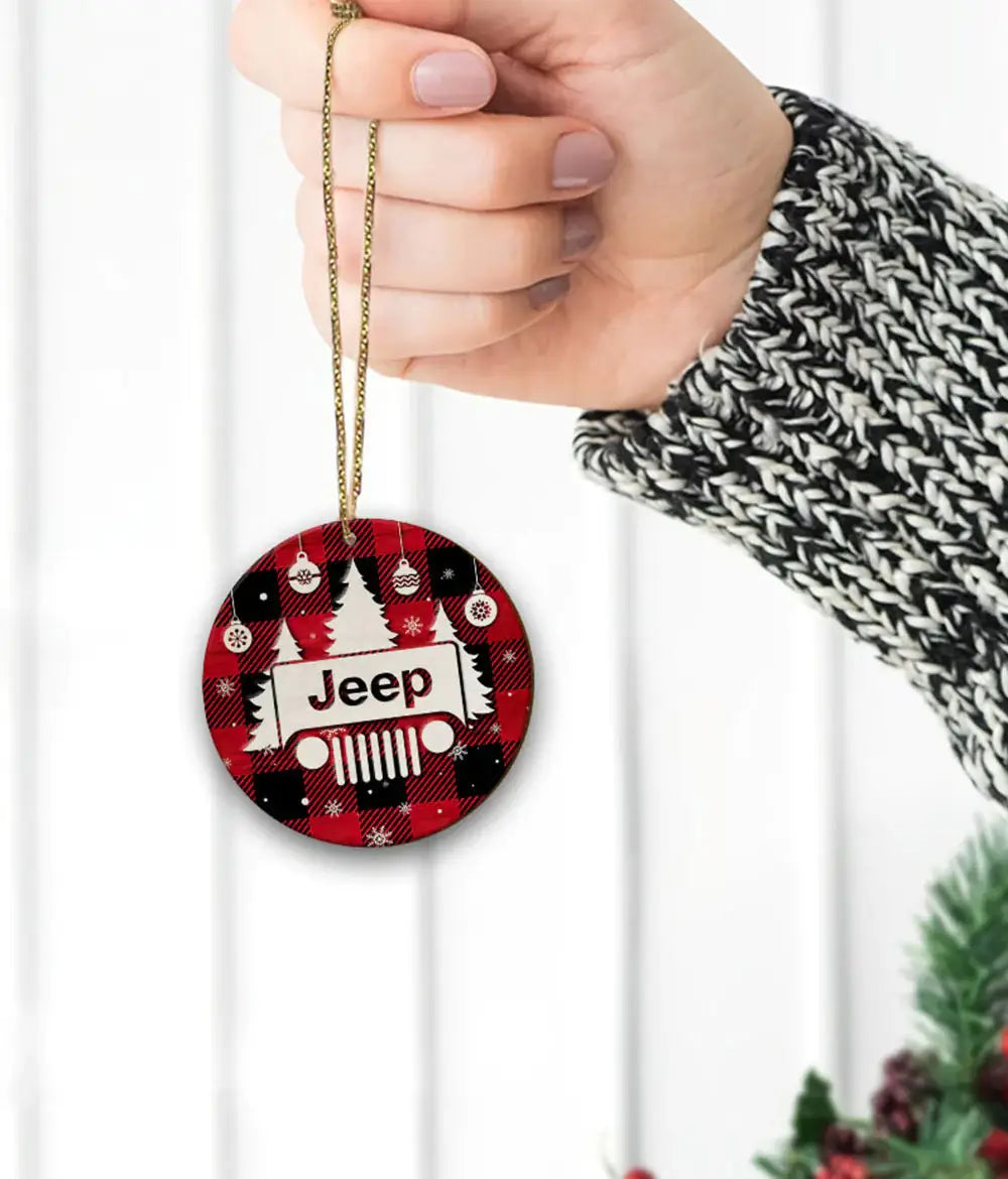 Red Plaid Jeep Double Wood Ornament Circle Ornament – Aljaira
