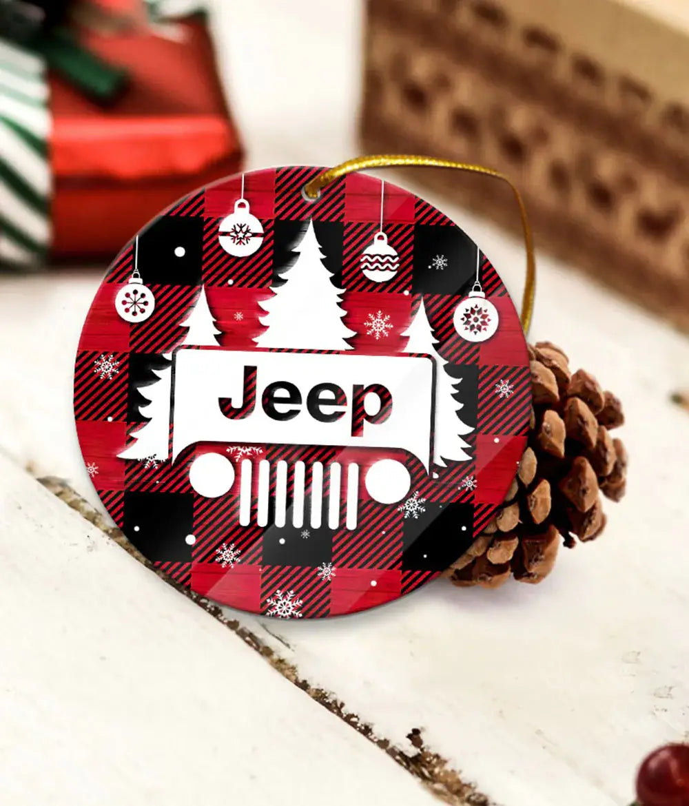 Red Plaid Jeep Double Wood Ornament Circle Ornament – Aljaira
