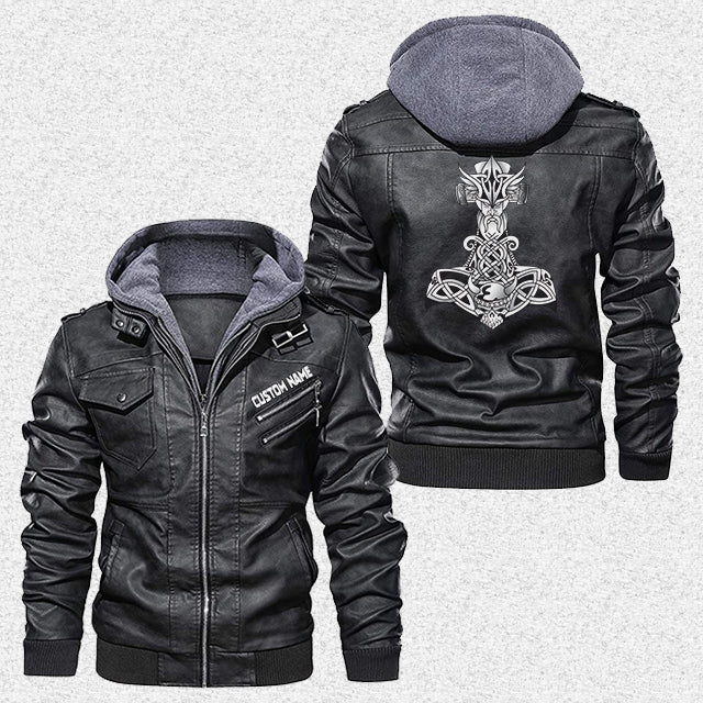 (Custom Personalised) Viking Leather Jacket - Celtic Mjolnir of Odin L ...