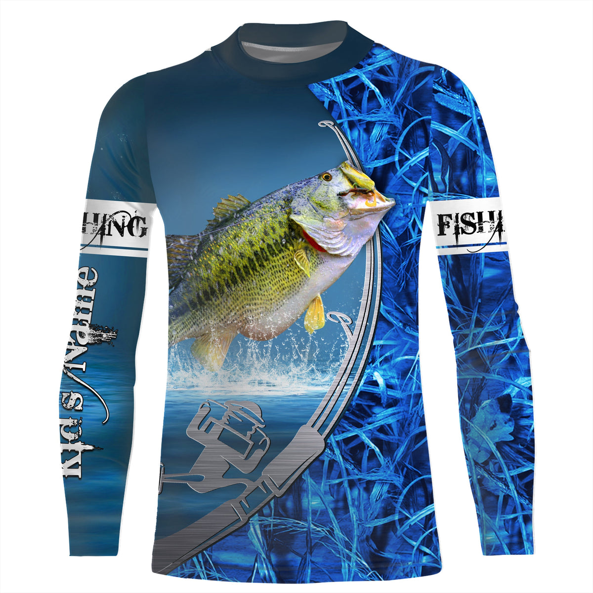Largemouth Bass Fishing Blue Camo Custom Long Sleeve Performance Fishi ...