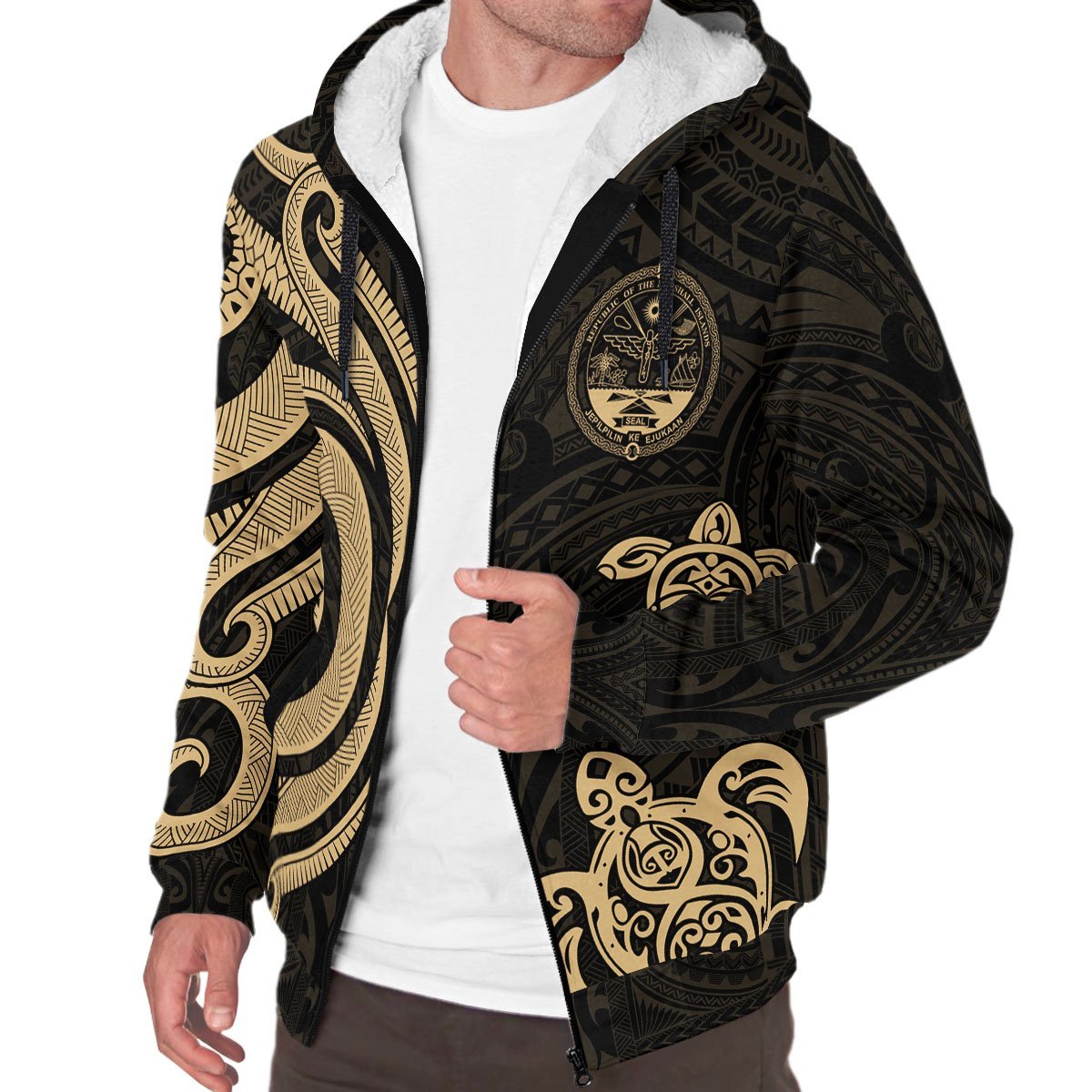 Marshall Islands Sherpa Hoodie - Gold Tentacle Turtle Crest – Aljaira