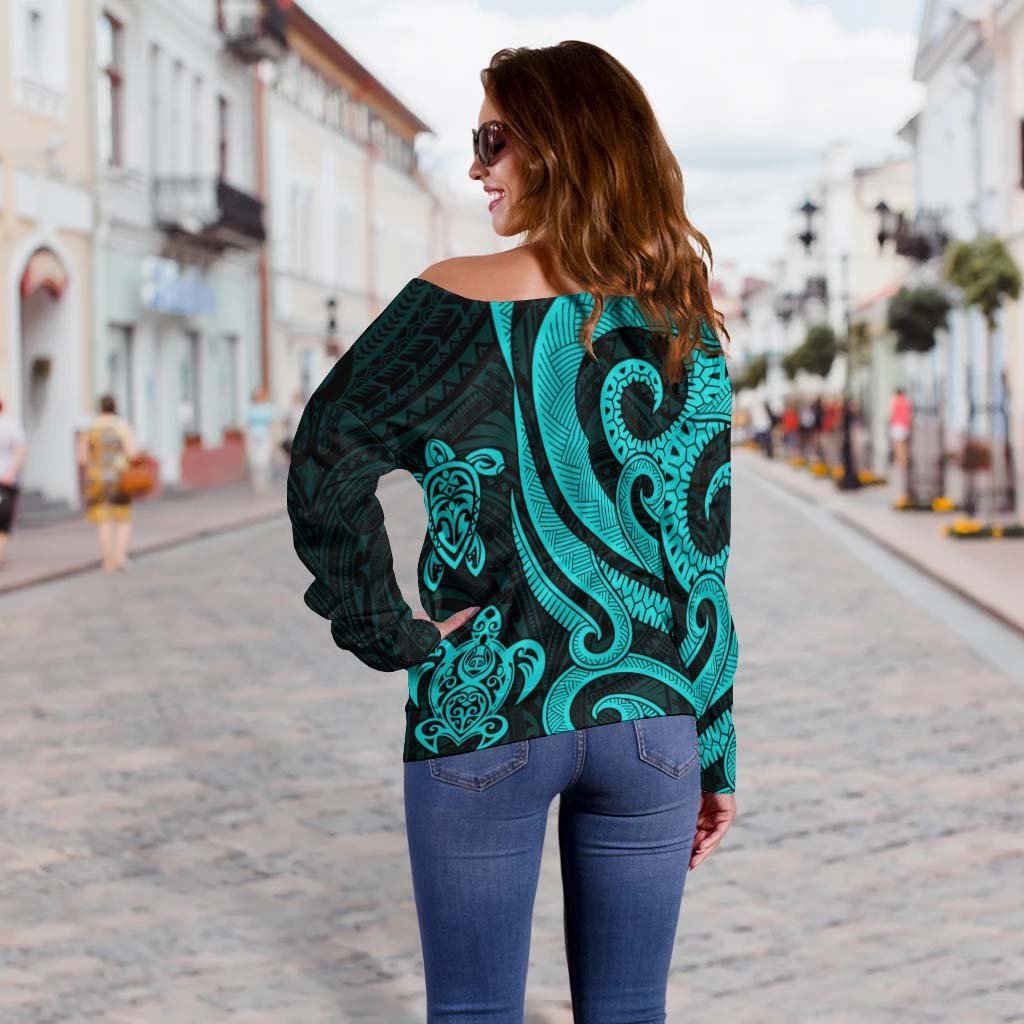 Marshall Islands Women's Off Shoulder Sweater - Turquoise Tentacle Tur ...